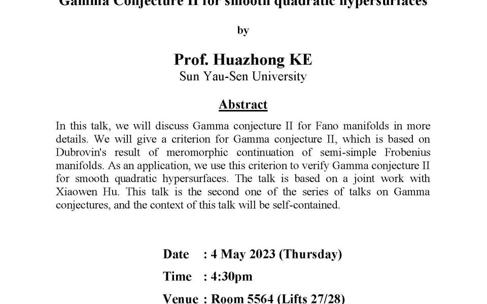 Department of Mathematics - Seminar on Pure Mathematics - Gamma Conjecture II for smooth ...
